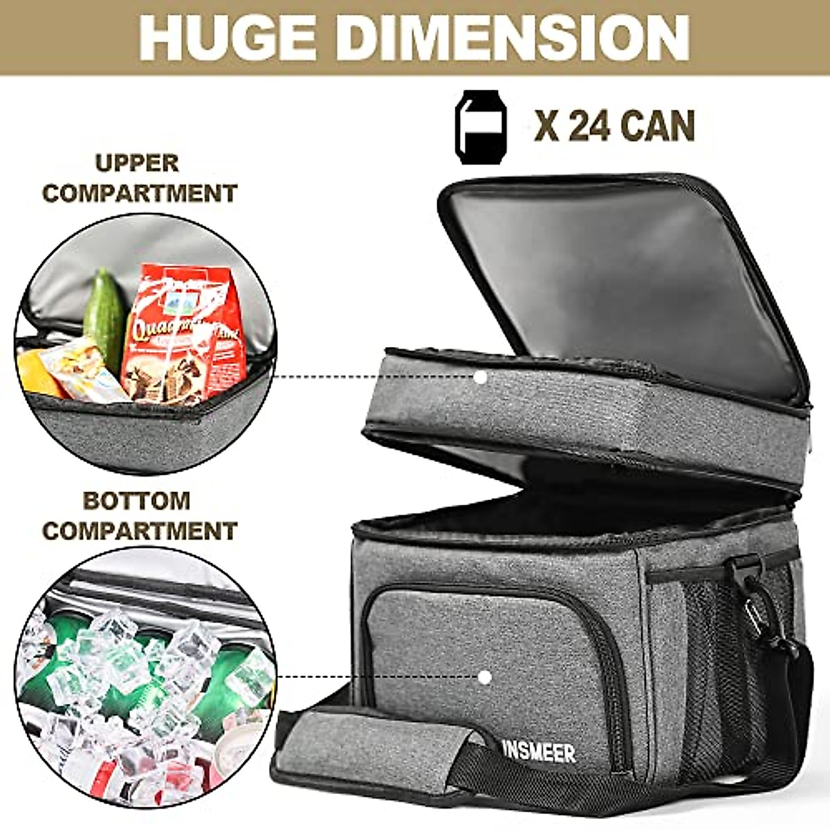 INSMEER [2023 NEW Large Lunch Box for Work, 24 Can Mens Lunch Box, 16L 2 Layers Lunch Bag Insulated Lunch Cooler for Adults Women Office Picnic, Grey