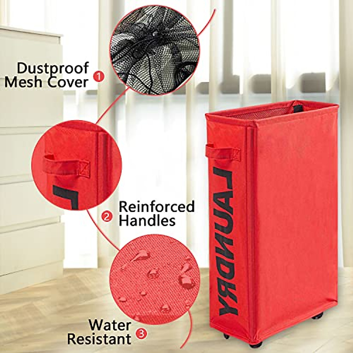 Cutyoung Laundry Hamper with Wheels, Laundry Basket with Wheels, Dirty Clothes Hamper, Laundry Bin, Slim Rolling Laundry Hamper Collapsible (Red, 42L)