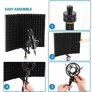 AGPTEK Microphone Isolation Shield, Foldable Adjustable Durable Studio Recording Microphone Isolator Panel for Stand Mount or Table Top