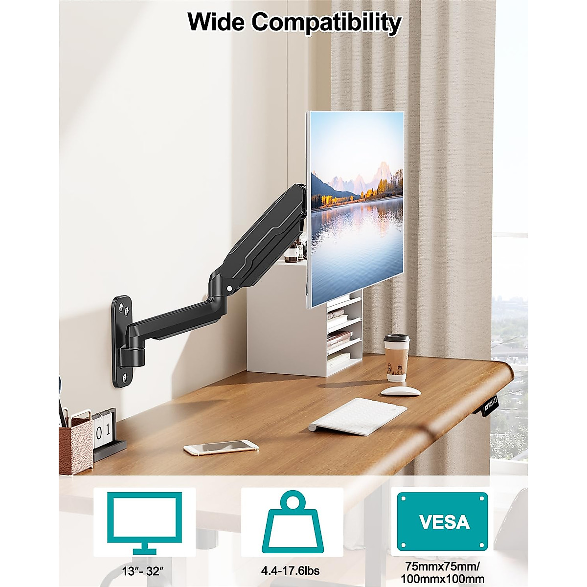 MOUNT PRO Single Monitor Wall Mount for 13 to 32 Inch Computer Screens, Gas Spring Wall Monitor Arm Holds Up to 17.6lbs, Full Motion Adjustable Wall Monitor Mount, VESA Mount 75x75, 100x100