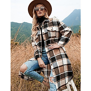 Peaceglad Women's Lounge Lapel Button Up Long Sleeve Plaid Long Shirt Jacket Shacket(Brown,M)