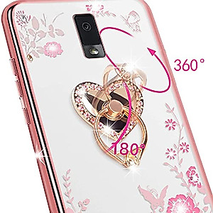 for Blu View 3 Phone Case, Blu View 3 Case for Women Glitter Crystal Butterfly Heart Floral TPU Luxury Bling Cute Protective Cover with Kickstand Strap Glitter for Blu View 3 B140DL (Rose Gold)