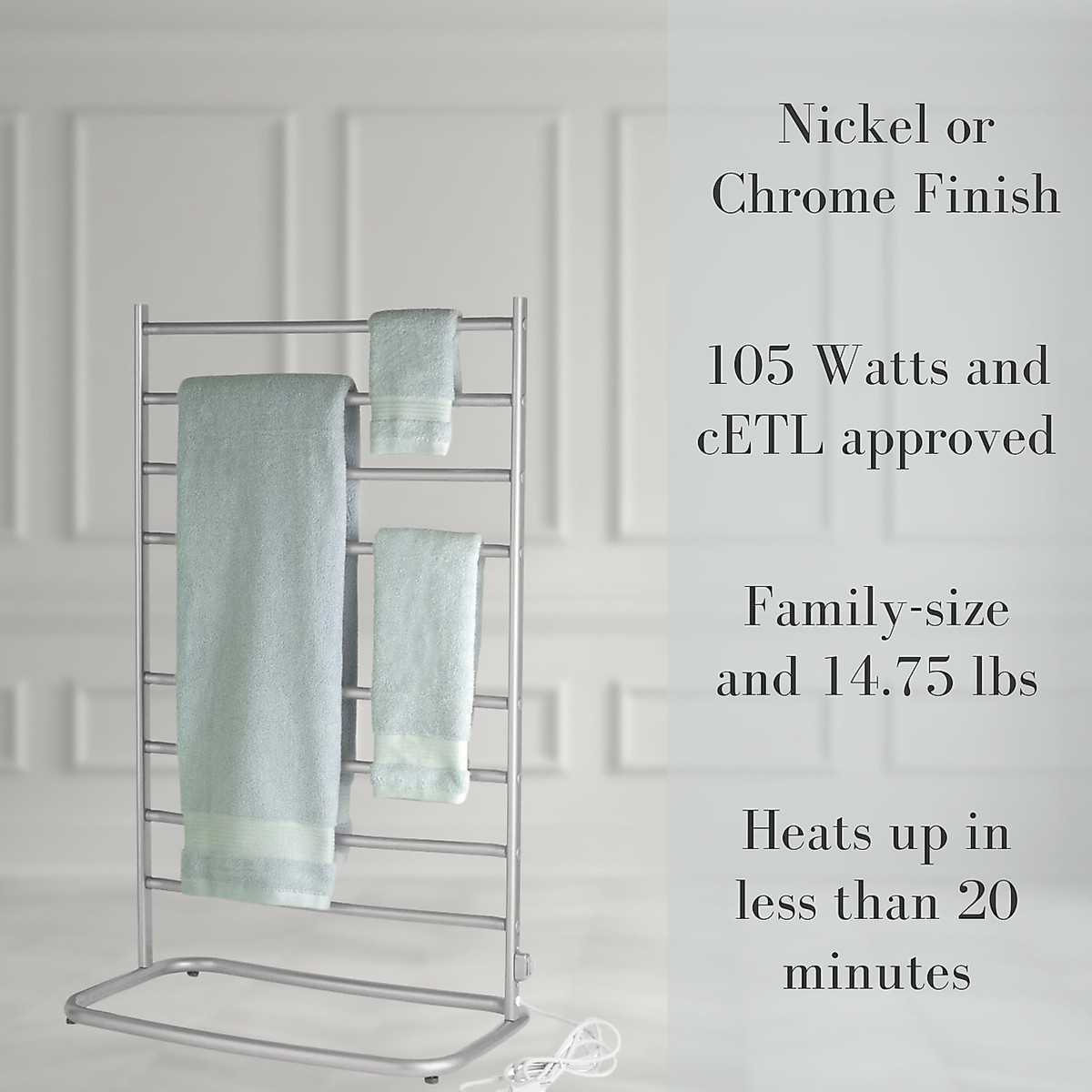 Warmrails Hyde Park Towel Warmer - Free-Standing Towel Warmer Rack for Drying Towels and Garments - 39-Inch Nickel Finish Frame with 8 Bars - Model WHS