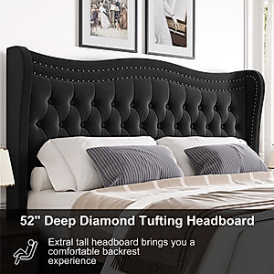 Generic Full Bed Frame, 52"" Headboard Upholstered Bed with Tall Footbaord, Velvet Upholstered Deep Button Tufted Wingback Platform Bed, No Box Spring Required/Wood Slat Support/Black