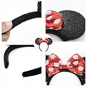 YUNISS 2 PCS Mouse Ears, Shiny Red Sequin Bow Mouse Ears Headbands for Adult Women Girls Christmas Birthday Party (Red&dot bow)