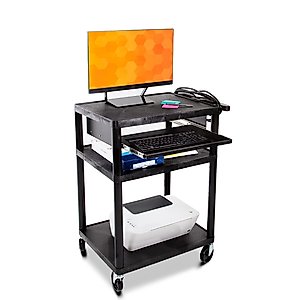 Line Leader Plastic AV Cart with Keyboard Tray, Mobile Workstation with Storage For Offices and Schools, Rolling with 4 Casters, 2 Locking Brakes, Heavy Duty, Holds up to 100 lbs (Black, 24 x 18 x 34)
