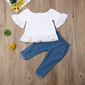 FIOMVA Toddler Kids Baby Girl Spring Fall Clothes Outfits Tracksuit Top Shirt Sweatshirt + Pants Trousers Leggings 2Pcs Set (White Ruffle Tunic top + Jeans Pants, 3-4T)