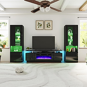AMERLIFE Entertainment Center with Fireplace and Bookcases, Includes 70" 2-Tier Fireplace TV Stand with 36" Fireplace, 2 x Modern High Gloss Bookshelves with LED Lights & Glass Doors, Black