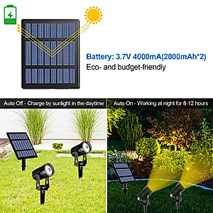 T-SUN Solar Spotlights 2W Outdoor LED Landscape Spot Light, 2-in-1 Waterproof Solar Powered Wall Lights Auto ON/Off with Dual Headlamp for Garden, Yard, Pathway(Warm White)