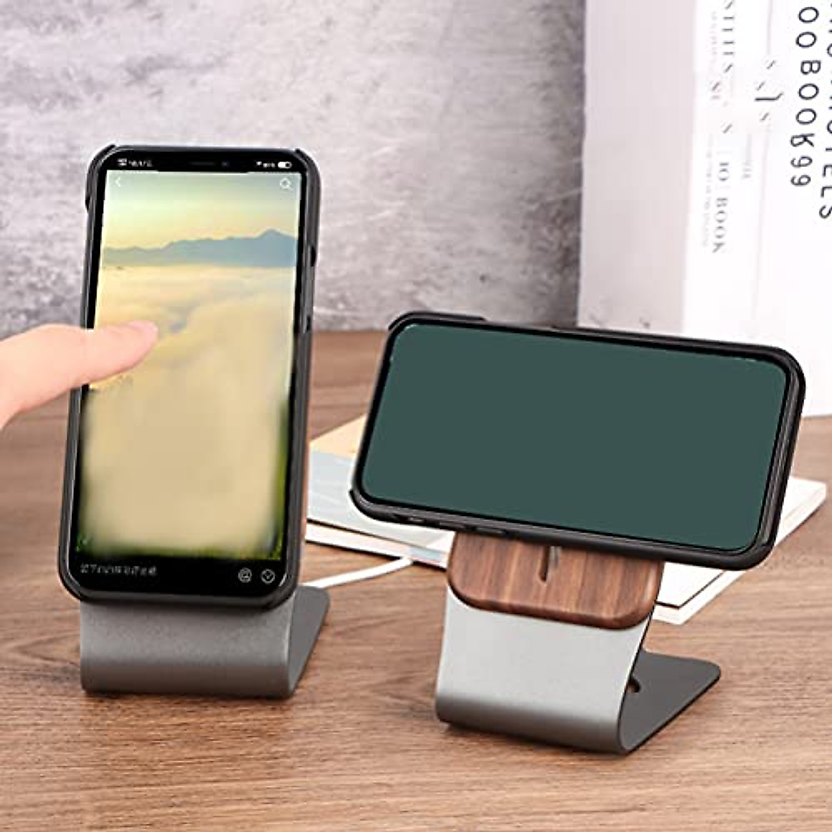 Walnut Gray Magnetic Mag Safe Phone Stand 12 pro Wooden Bracket Cradle Aluminum Alloy Mobile Cellphone Holder Metal Wireless Charger Office Kickstand Dock for iPhone 12, 12 Pro max, 12 Mini