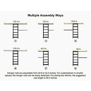 Ulif M5 Wall Mounted Clothes Garment Rack, Heavy Duty Closet Storage and Organizer System with 6 Shelves and 3 Expandable Hanger Rods, Space Saver Suit (46.2-102.4)"W x 14"D x 83.1"H, Black