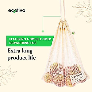 ecotiva Organic Reusable Produce Bags - Cotton Produce Bags - Cotton Mesh Produce Bags - Mesh Produce Bags Grocery Reusable - Mesh Bags For Produce