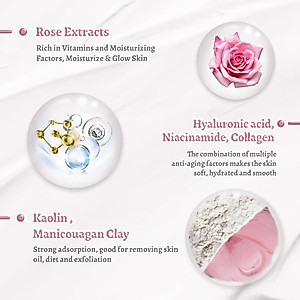 ANAI RUI Rose Clay Facial Mask, with Kaolin Pink Clay, Niacinamide, Collagen, Hyaluronic Acid Moisturizing. Pores Minimizers, Blackhead Remover, 4.23 Oz