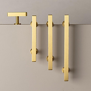 QOGRISUN 2-Pack Solid Brass Cabinet Handles, Gold Square T Bar Cabinet Pulls, 5 Inch Hole Center for Kitchen Dresser Drawer Cupboard, Brushed Brass Finish