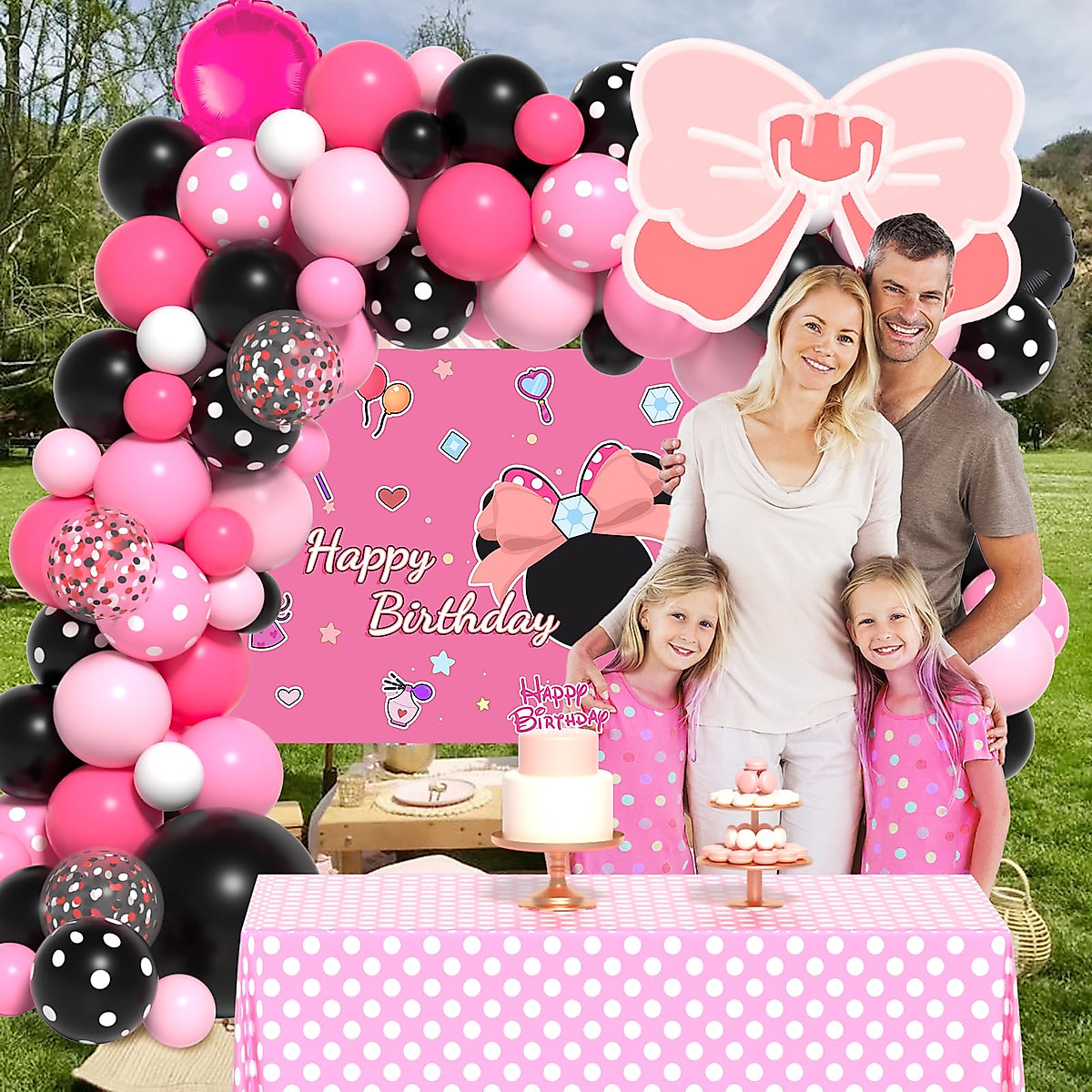 Pink Mouse Birthday Decorations of Pink Mouse Balloon Arch Kit with Backdrop & Tablecloth - Mouse Balloon Garland Different Sizes 5 12 Inch Pink Black Balloons for Girls Baby Shower Birthday Decor