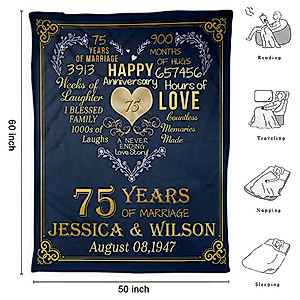 Custom 75th Wedding Anniversary Blanket Gifts for Parents Grandparents, 75th Diamond Wedding Anniversary Throw Blankets for Husband Wife, Personalized 75th Anniversary Blanket Gifts