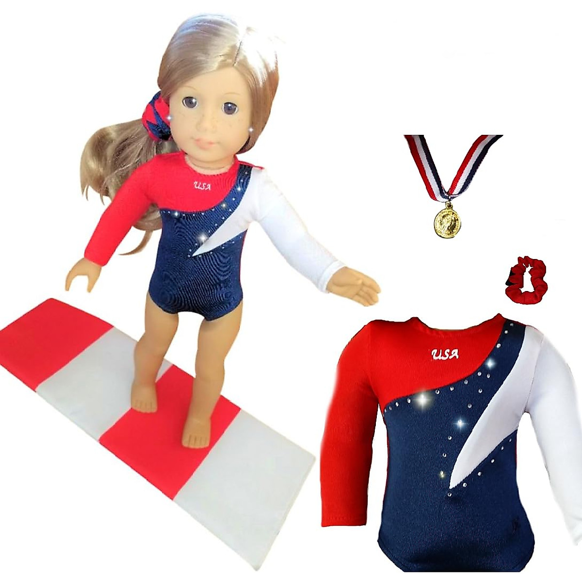 2024 American Doll Girl USA Gymnastics Doll Clothes Set with Leotard, Mat, Olympic Medal and Hair Accessory. 4 PCS in All! Doll Not Included