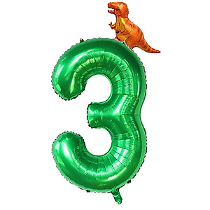 40 Inch Green Number 3 & Mini Dinosaur Balloon for Boys Birthday Party Decorations, 3rd Birthday Dinosaur Party Supplies Jungle Theme Green Birthday Patry Balloons Decorations