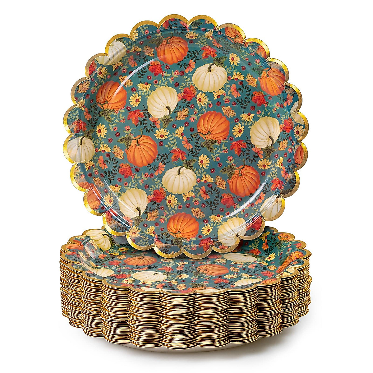 Confettiville Thanksgiving Paper Plates, 50-Count Fall-Themed Decorative Disposable Serving Plates, Teal, Gold Foil Scalloped Edge, 9 Inches