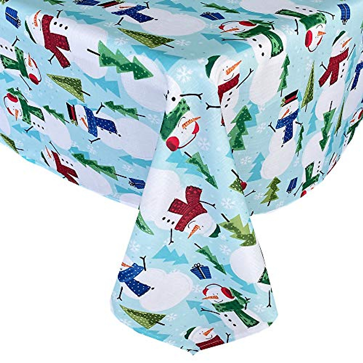 Newbridge Blue Snowman Fun Christmas Fabric Tablecloth, Cheerful Snowmen and Evergreen Tree Print Xmas Soil Resistant, No Iron Easy Care Tablecloth, 60 Inch x 102 Inch Oblong/Rectangle