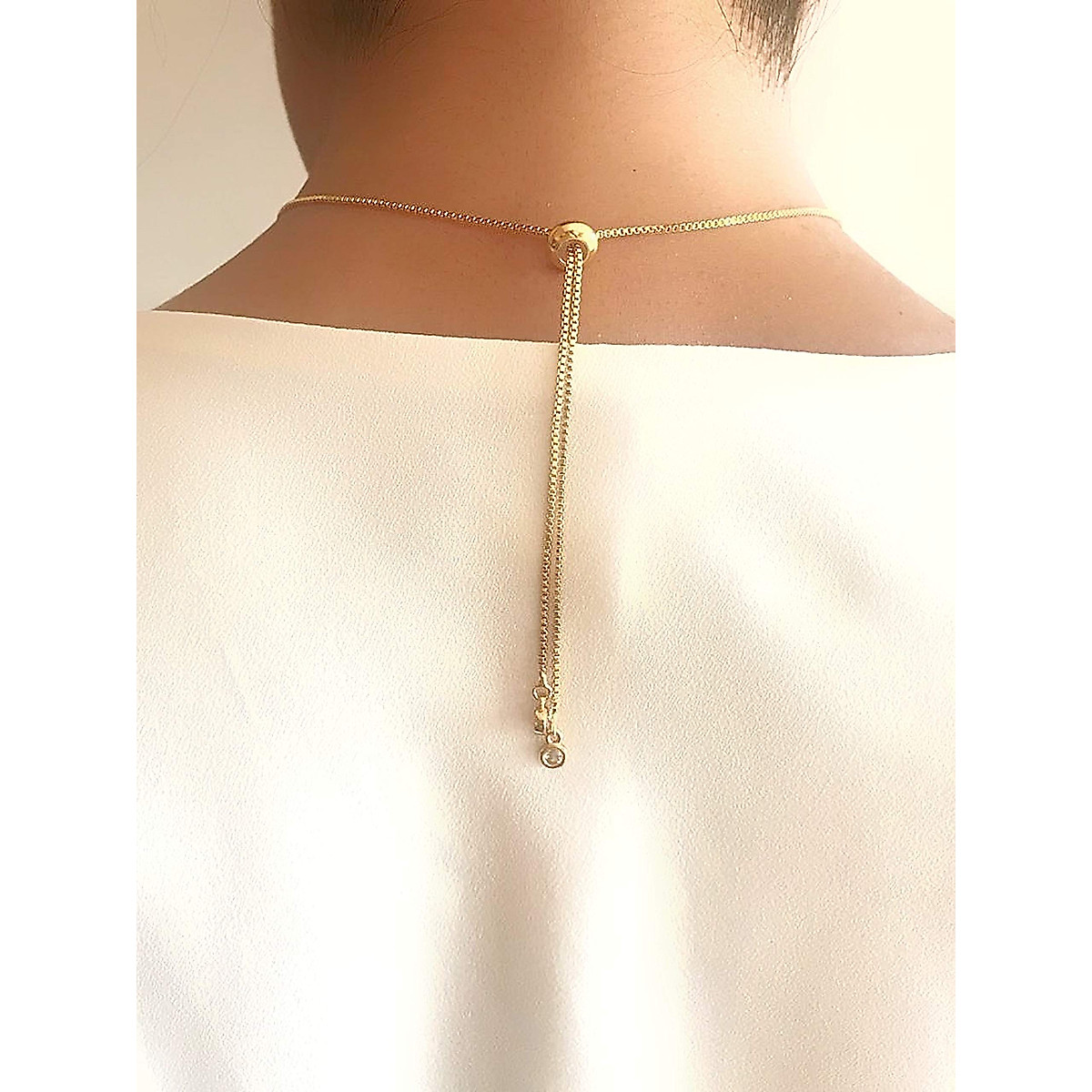 LESLIE BOULES Gold Evil Eye Necklace 18K Gold Plated Sliding Adjustable Chain Choker Jewelry