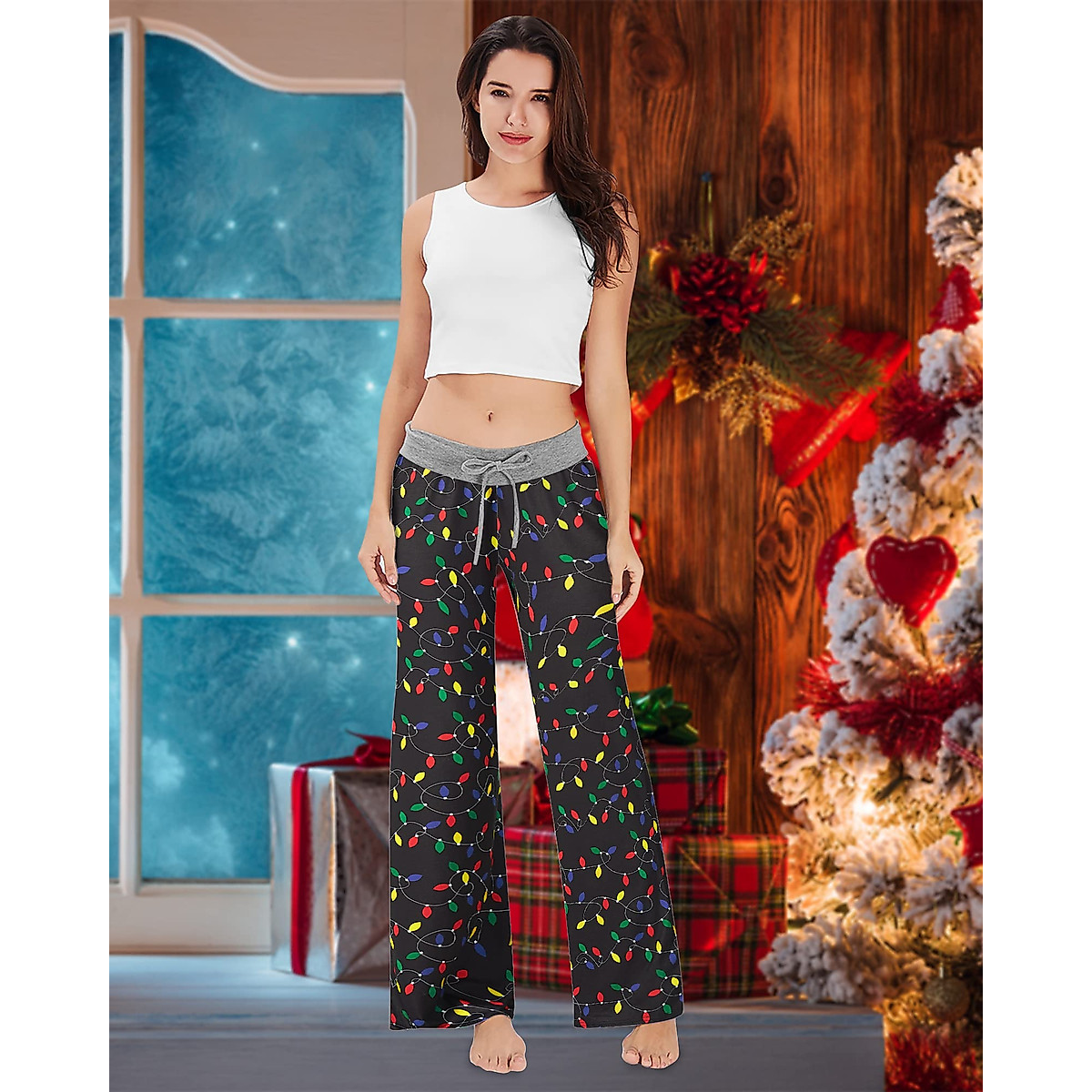ALISISTER Christmas Lounge Pajama Pants for Women Soft Comfy Merry Xmas Pjs Pants Palazzo Loose Elastic Drawstring Sleep Bottoms Plus Size XL Black Green