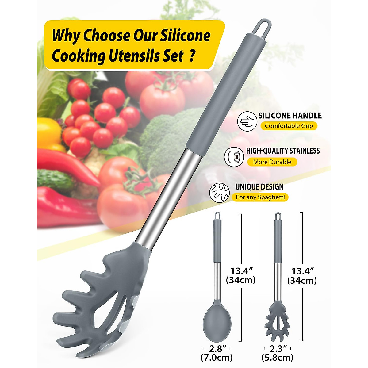 Silicone Pasta Fork and Cooking Spoon Set, Non Stick Kitchen Utensils for Cooking,Stirring,Serving Spaghetti, Soup, Sauce (GREY)