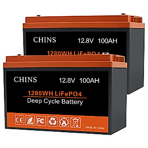 CHINS 100AH LiFePO4 Battery 12V with Built-in 100 BMS, 4000+ Rechargeable Cycles, Support Low-Temperature Cut-Off,Perfect for Golf Cart, Trolling Motor, Marine(2PCS)