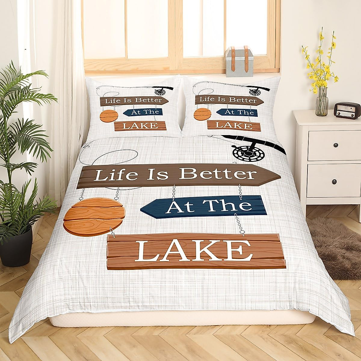 Castle Fairy Lake Themed Bedding Set King Size for Woman Men,Life is Better at The Lake Comforter Cover with 2 Pillowcases,Lake Fishing Country Wooden Board Duvet Cover Set Microfiber Quilt Cover