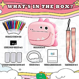 WQ Kids Camera Instant Print, 1080P Dinosaur Digital Print Camera for Kids with Dual Lens,Selfie Video Camera with Phone Connected,Zero Ink Instant Print Camera Ideal Gift for Boys Girls 3-12