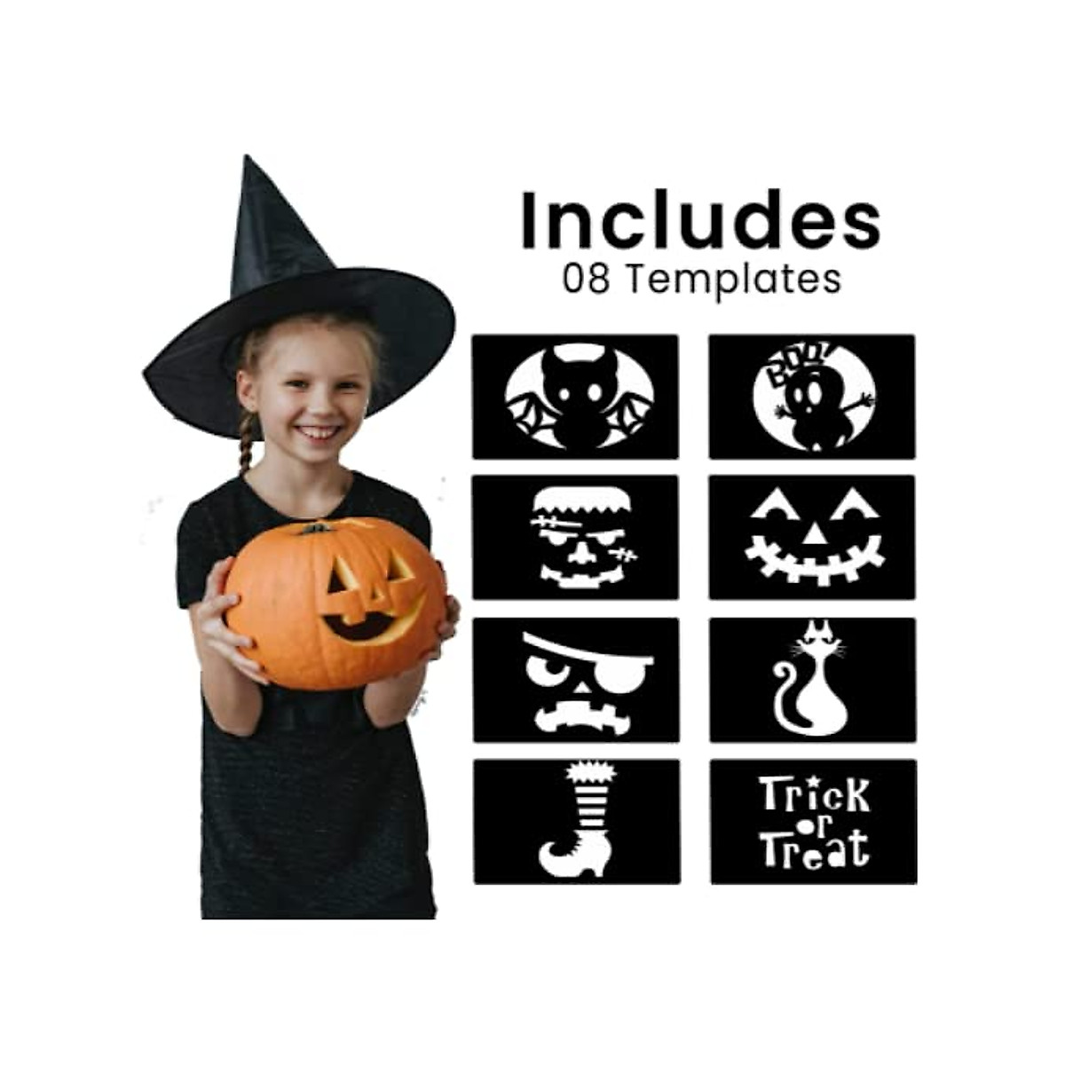 KINREX Pumpkin Carving Kit – Halloween Carve Tools Set For Kids & Adults, 8 Paper Stencils Patterns Designs Templates Jack o Lantern Decoration, Includes Small & Big Saw Tool, Scooper & Drill