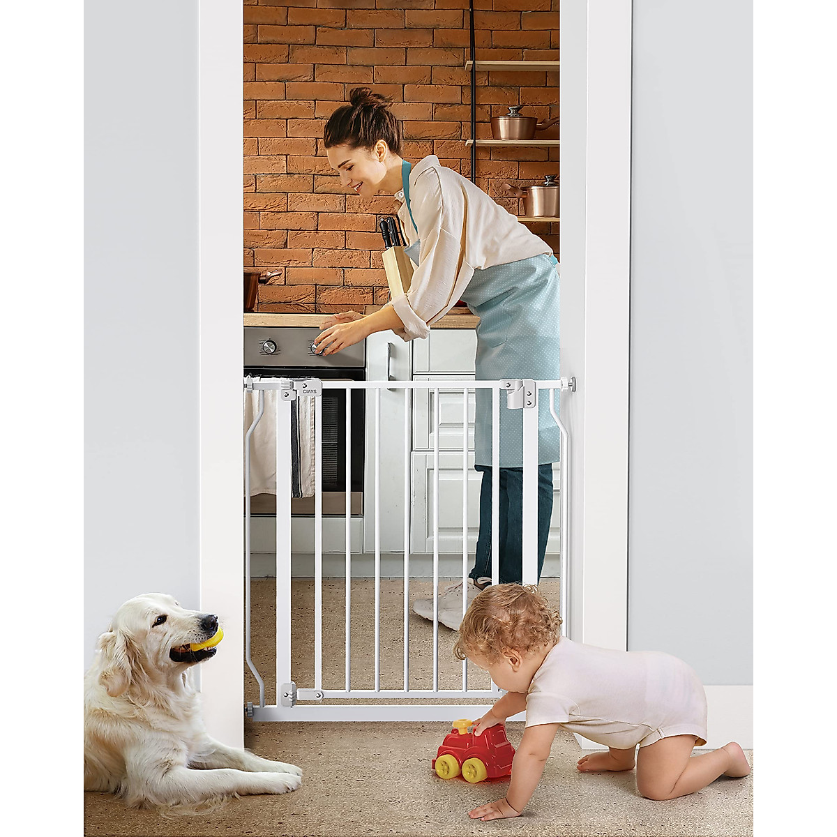 Ciays Baby Gate 29.5” to 33.5”, 30-in Height Extra Wide Dog Gate for Stairs, Doorways and House, Auto-Close Safety Metal Pet Child Gate for Dogs, Wall Pressure Mounted, White