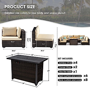 Grezone Patio Furniture Sets 7 Pieces with Fire Pit Table Patio Sectional Outdoor Furniture Patio Sofa Chairs Set PE Rattan Wicker Couch Conversation Set with No-Slip Cushions Waterproof Covers Beige
