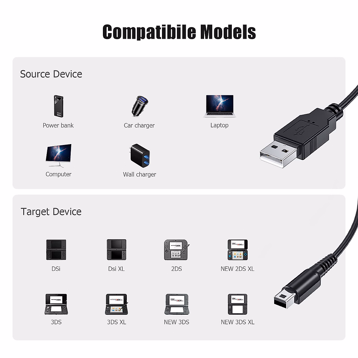 Ancable 3DS USB Charging Cable, 4-Feet 3-Pack Replacement Power USB Charger Cable Cord for Nintendo New 3DS XL, New 3DS, 3DS XL, 3DS, New 2DS XL, New 2DS, 2DS XL, 2DS, DSi, DSi XL