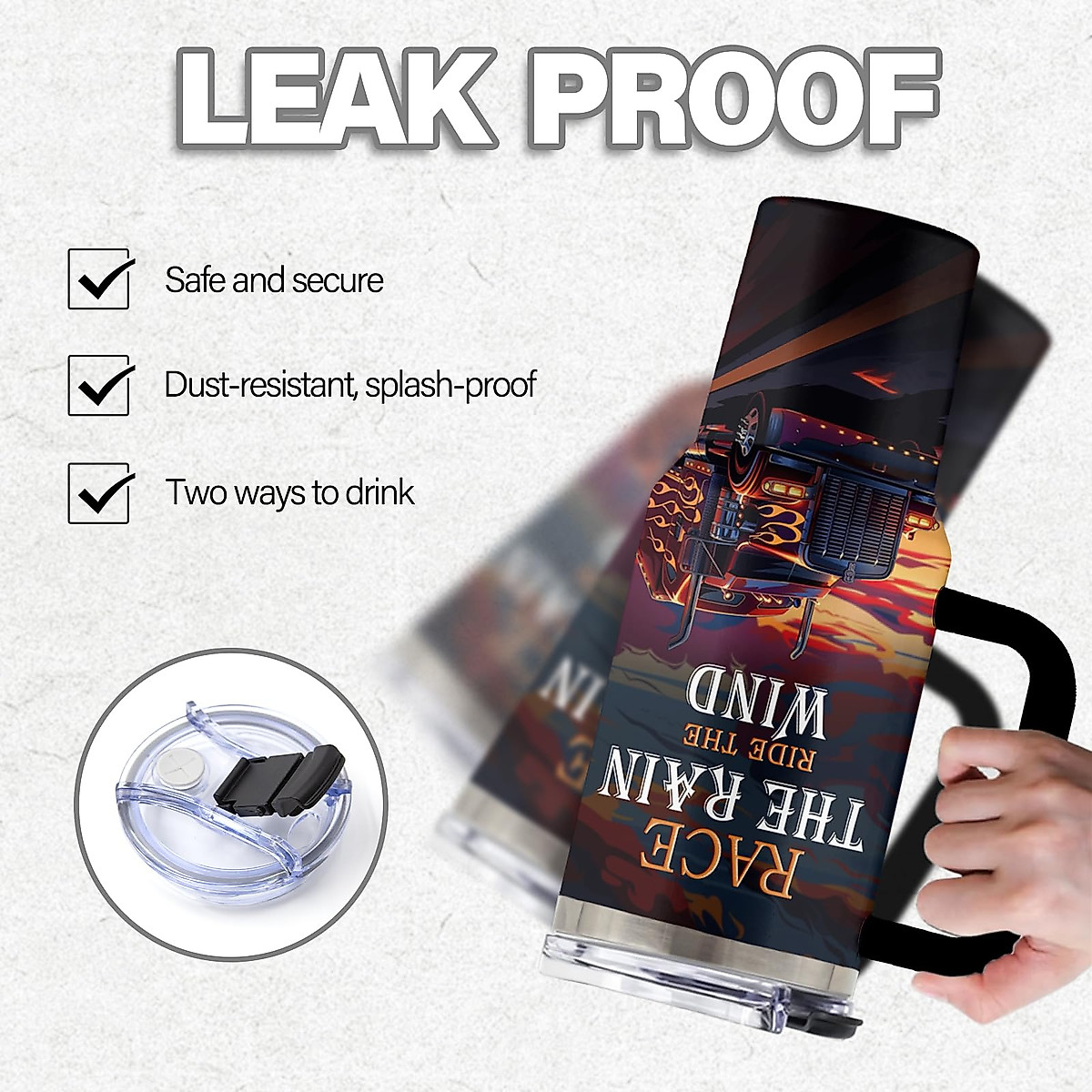 Uibunoo Truck Driver Gifts for Men, Race the Rain Ride the Wind 40 Oz Sunset Truck Tumbler with Handle & Straw, Trucker Gifts, Birthday Presents for Trucker, Stainless Steel Trucker Cup