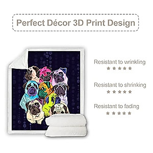 Sleepwish Sherpa Fleece Bed Throw Colorful Pugs Pop Art Soft and Fuzzy Plush Blanket Gifts for Pet Animals Puppy Dog Lovers Twin Size (60"x80")