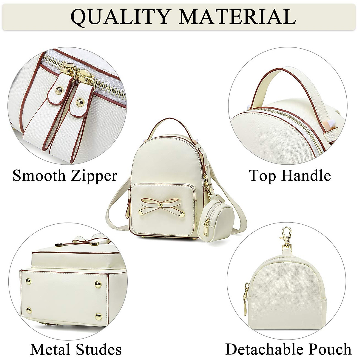VASCHY Backpack Purse Cute Small Bow-knot Mini Backpack for Women with Detachable Coin Pouch Gift Beige