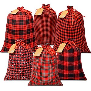 Fabric Christmas Gift Bags with Drawstring - 6 Pack Cloth Buffalo Plaid Bag with Kraft Gift Tags for Christmas Holiday Present Gift Wrapping