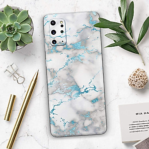DesignSkinz Marble & Digital Blue Frosted Foil V2 Protective Vinyl Decal Wrap Skin Cover Compatible with The Samsung Galaxy S20 (Screen Trim & Back Glass Skin)