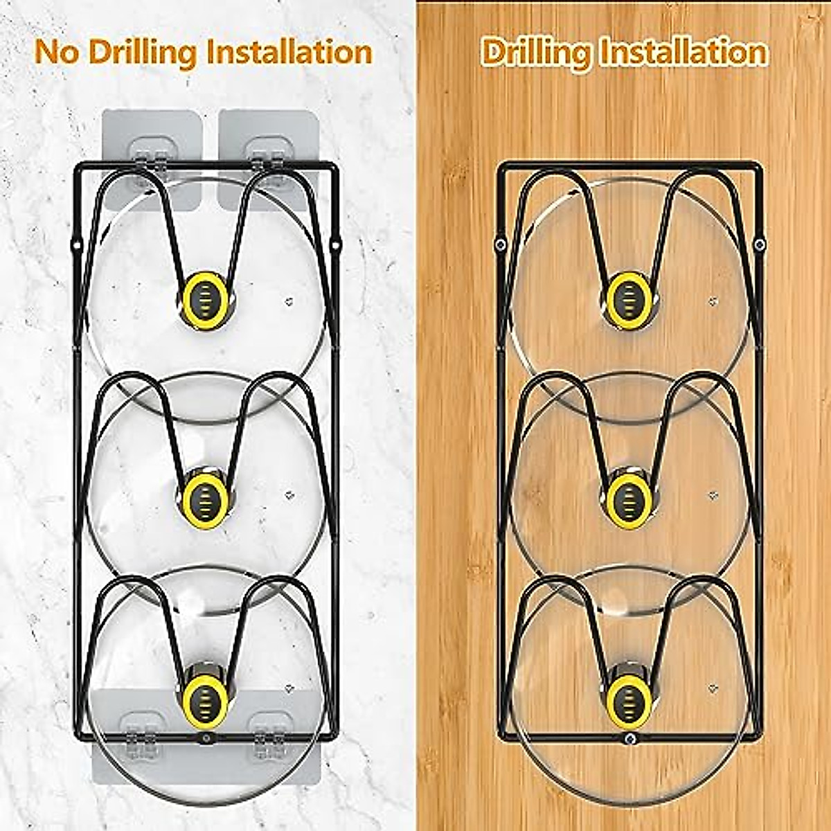 Leoenir 2-Pack Pot Lid Holders for Kitchen Cabinet - Wall-Mounted or Door-Mounted Lid Organizer Rack - Metal Black