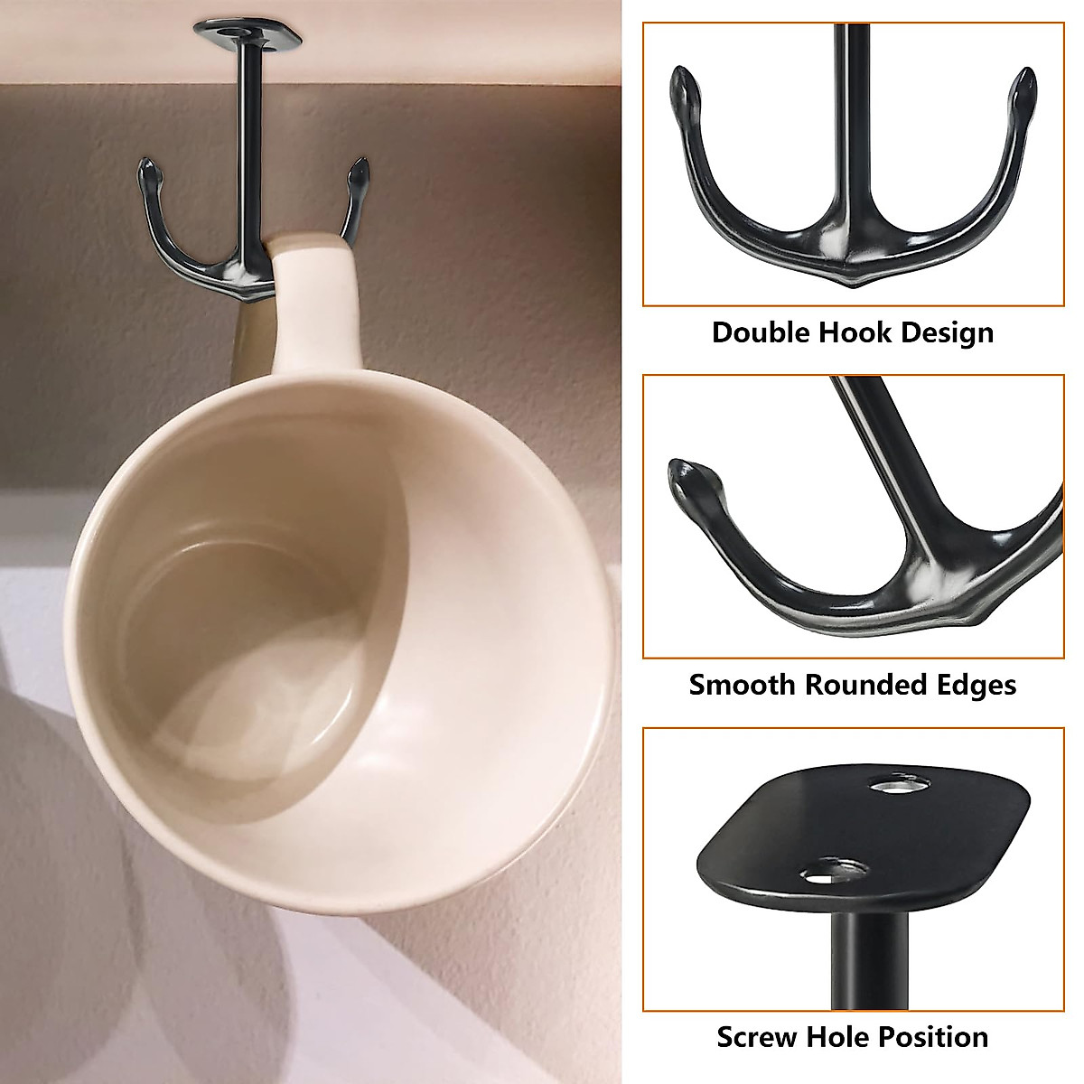 BAMI-LEE House Anchor Shape Zinc Alloy Double Prong Ceiling Hooks, 4-Pack Under Shelf Coat Hooks Hanging Towel Robe Clothes Cap Bathroom Kitchen Cabinet Garage Use (Black)