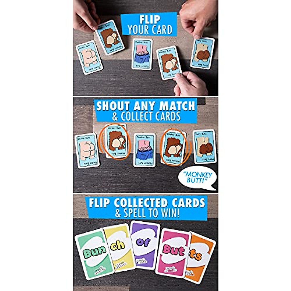 Bunch of Butts Card Game- Fast Paced, Funny Family Game, Easy to Learn, Portable &Travel Friendly for Any Occasion, Includes Card Holder & 71 Cards, 2 to 8 Players, 10 to 15 Min Play Time, Ages 7+