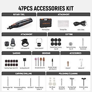 DEPSTECH Cordless Rotary Tool Kit, 8V 2.5Ah Larger Battery, 5-Speed 30000RPM Max, LED Work Light, Power Multi Tool 47Pcs Enduring Accessories Set for Carving, Polishing, Sanding, Drilling, DIY Crafts
