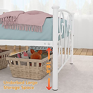 Timy Kids Twin Bed Frame with Headboard and Footboard, Metal Platform Bed Frame with 12 Inch Storage Space for Boys Girls Teens Adults, No Box Spring Needed, White