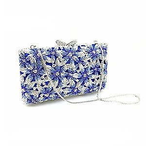 Tngan Women Elegant Floral Evening Bag Hollow Out Rhinestone Crystal Clutch Wedding Party Banquet Bridal Handbag, Blue