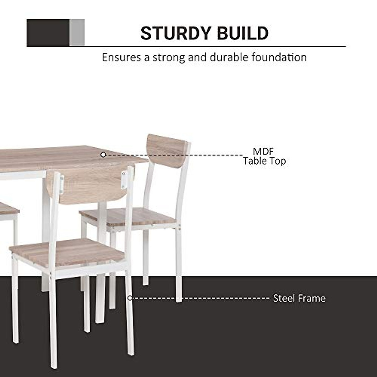 HOMCOM Modern 5-Piece Dining Table Set for 4 with Foldable Drop Leaf, 4 Chairs, and Metal Frame for Small Spaces, White