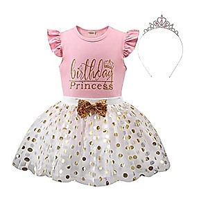 vivifayee Toddler Kids Baby Girls Birthday Princess Outfits Vest Sleeveless T Shirt Polka Dots Tutu Skirt Set with Crown 3Pcs Summer Dress