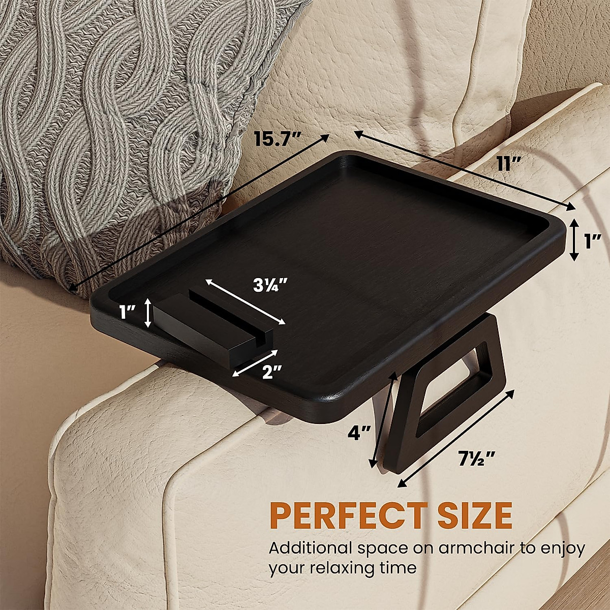 Tinamo Acacia Wood Sofa Armrest Tray - Large Sofa Arm Tray Table Clip - Couch Arm Table for Wide Couches - Wooden Side Tables for Small Spaces for Eating and Drink (Black, Large)
