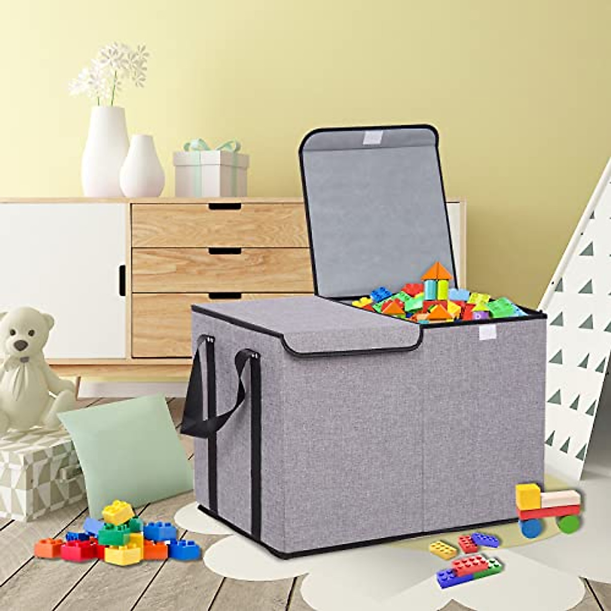OUTBROS Box Chest Storage Organizer with Double Flip, 17.7 * 11.8 * 11.8 inch Collapsible Sturdy Boxes Organizer Bins with Big Handles, for Nursery, Playroom, Clothes, Blanket, Bedroom (2 Pack, Grey)