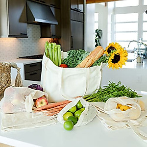 Reusable Grocery Bags Set of 12, 100% Cotton Plain Cloth Blank Canvas Heavy Duty Bag Bundle, With Handles for Shopping, Produce, Farmers Market, Include 3 Small, 3 Medium, 3 Large Mesh Bags, 3 Tote